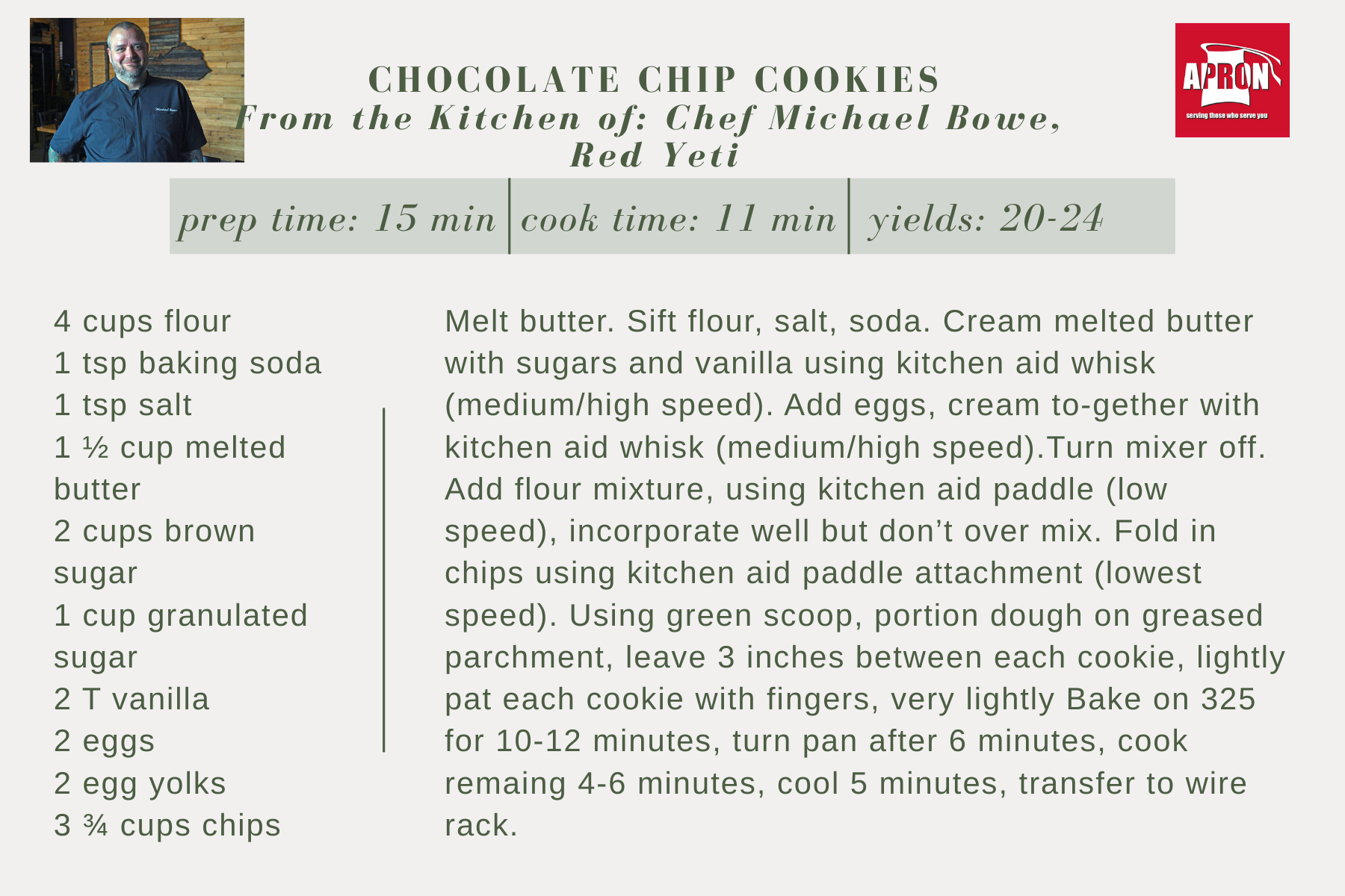 Chef Michael Bowe’s Chocolate Chip Cookies Recipe – APRON Inc.