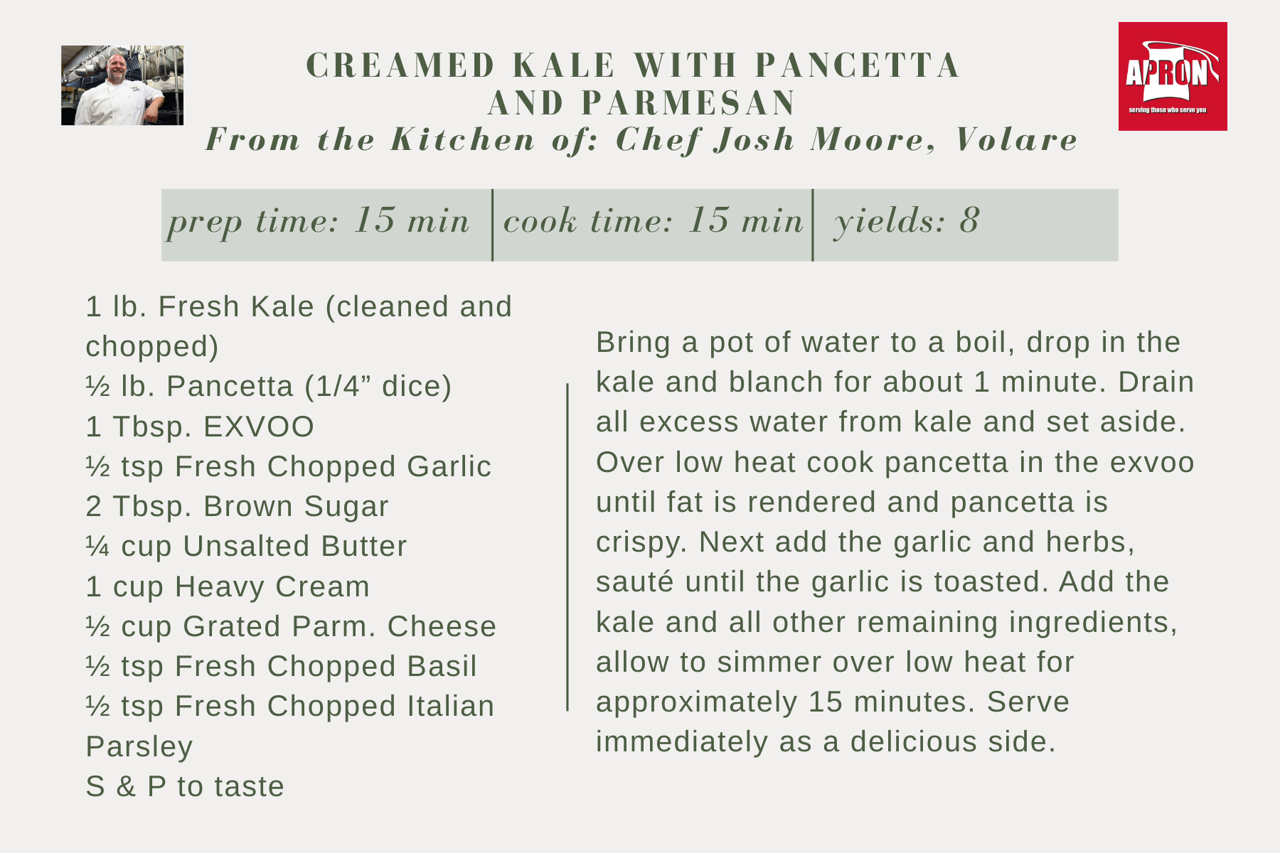 Chef Josh Moore’s Creamed Kale with Pancetta and Parmesan – APRON Inc.